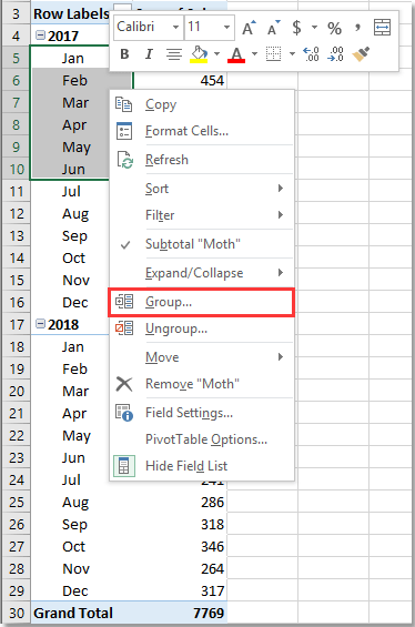 How to group data by half a year in Excel PivotTable?