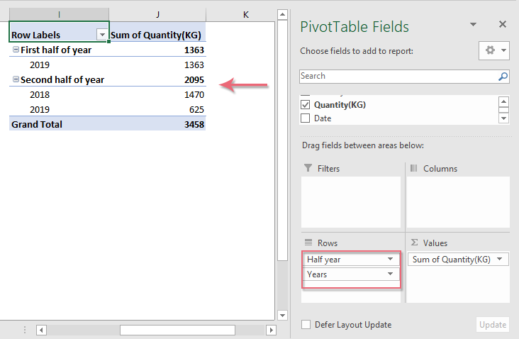 How To Group Date By Month Year Half Year Or Other Specific Dates In Pivot Table 