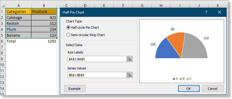 How to create a half pie chart in Excel?