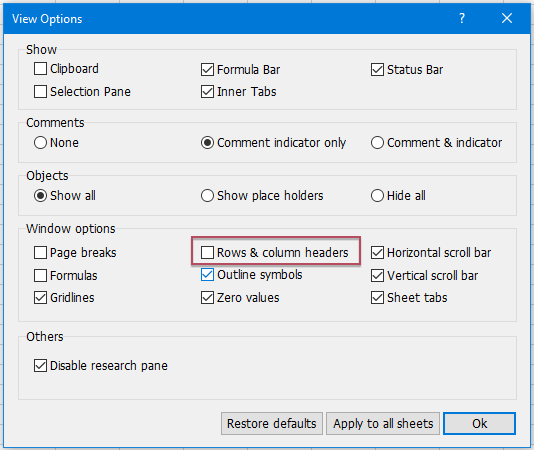How to hide row and column headings from all worksheets?