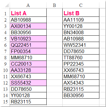 How to highlight cells if not in another column in Excel?