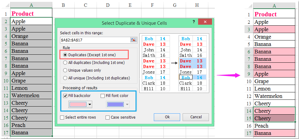 How to highlight consecutive duplicate cells from a list in Excel?