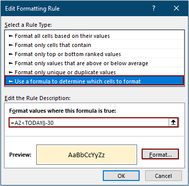 How to highlight/conditional formatting dates older than 30 days in Excel?