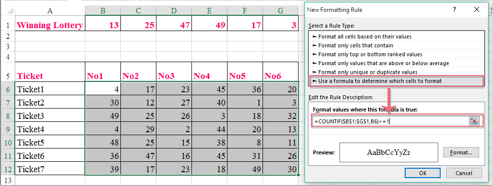 How to highlight winning lottery numbers in Excel worksheet?