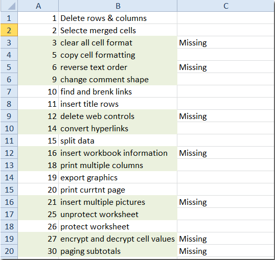 How to identify missing numbers sequence in Excel?