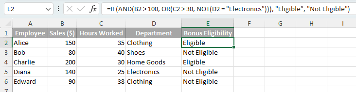 Excel에서 AND, OR 및 NOT과 함께 IF 함수를 사용하는 방법은 무엇입니까?