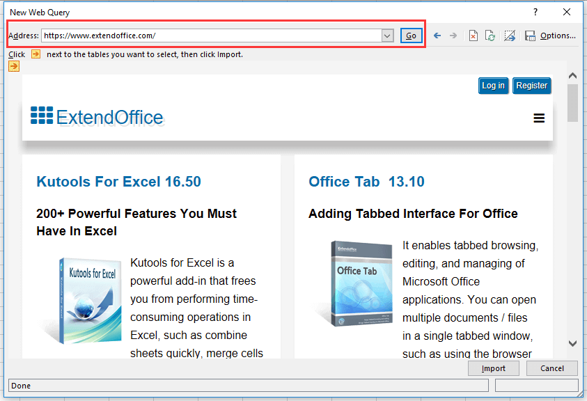 How to import and connect a website in Excel?