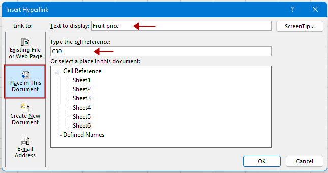 Excel: How to create or insert a bookmark