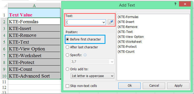 How to insert brackets around text in a cell?