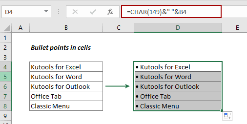 How to insert bullet points in text box or specify cells in Excel?