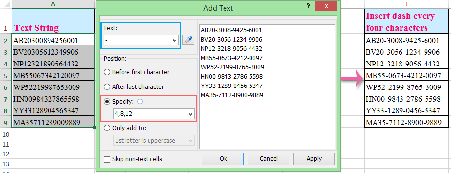 How to add / insert certain character every x characters into cells?