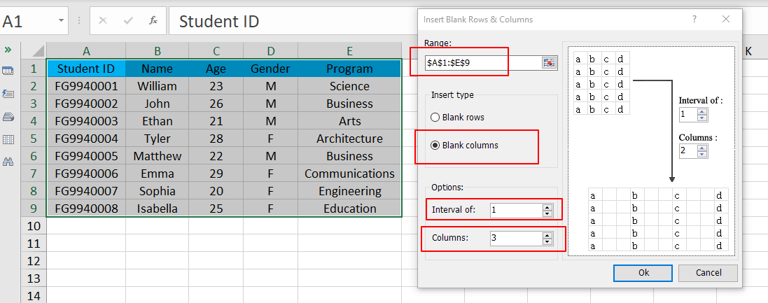 How to Insert Specific Number of Columns at Fixed Intervals in Excel?
