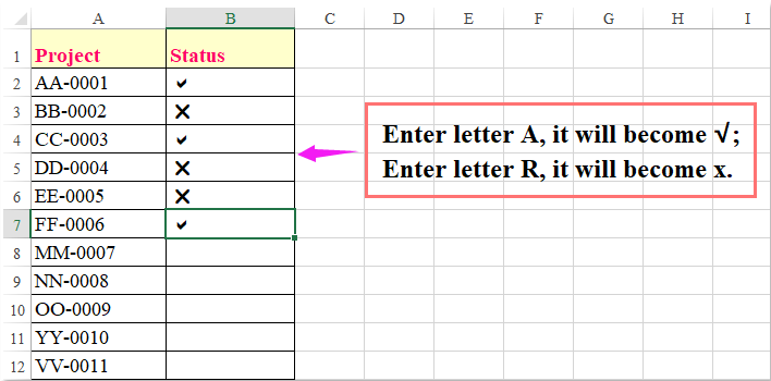 How to quickly insert tick and cross marks into cells?