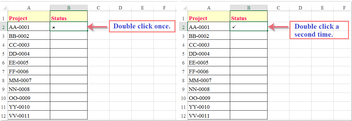 How to quickly insert tick and cross marks into cells?