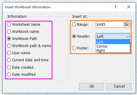 How to insert file name or path into cell / header or footer in Excel?