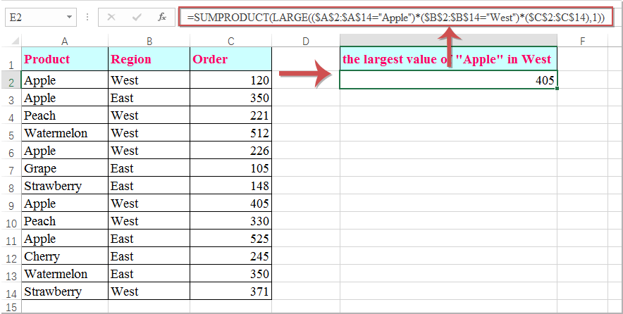 How to find and get the largest value based on multiple criteria in Excel?