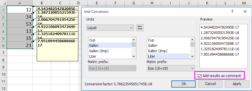 How to convert gallon to liter/ounce or vice versa in Excel?