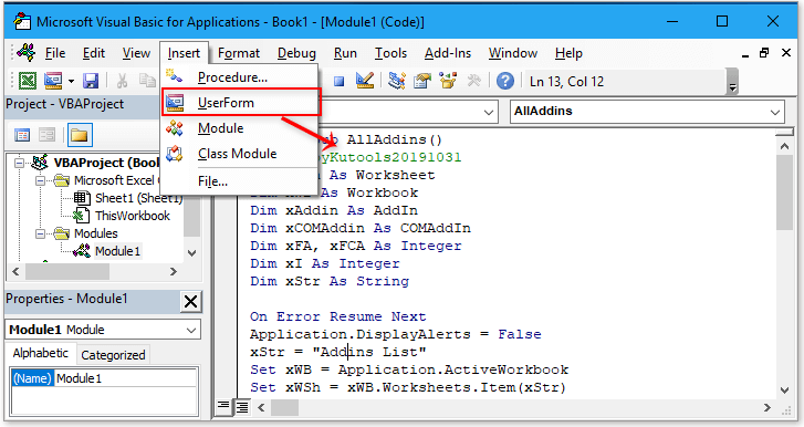 A VBA code to list all add ins in Excel
