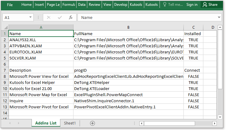 A VBA code to list all add ins in Excel