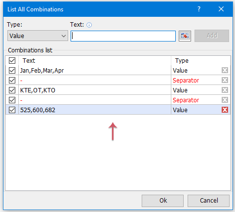 How to list or generate all possible combinations in Excel?