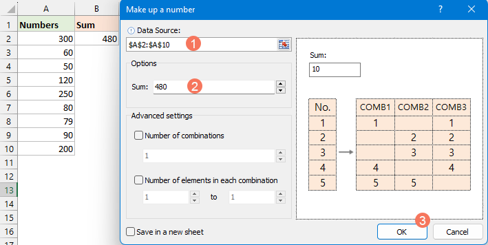 How to find all combinations that equal a given sum in Excel?