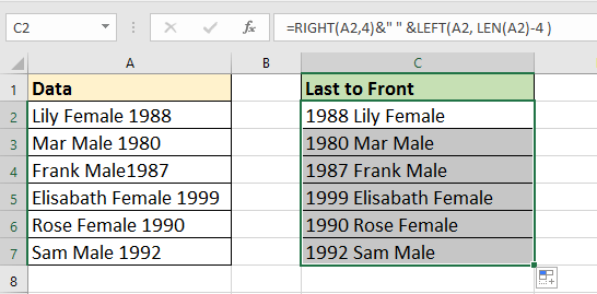 How to move last character to front of a cell or another column in Excel?