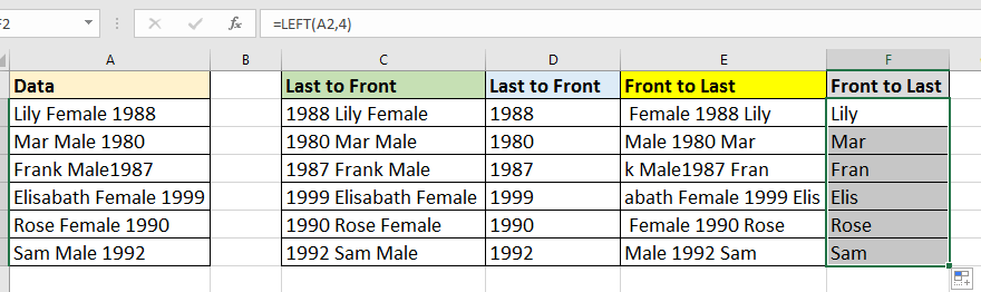 How to move last character to front of a cell or another column in Excel?