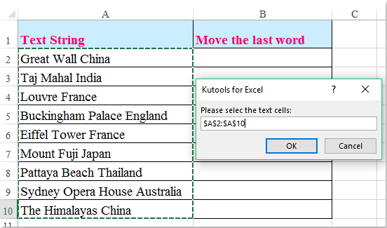 How to move last word to next adjacent cell?