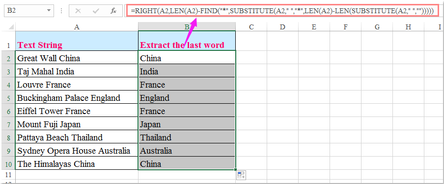 How to move last word to next adjacent cell?