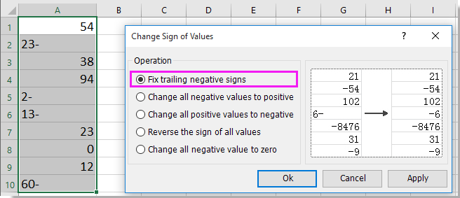 How to move minus sign from right to left/back to front in Excel?