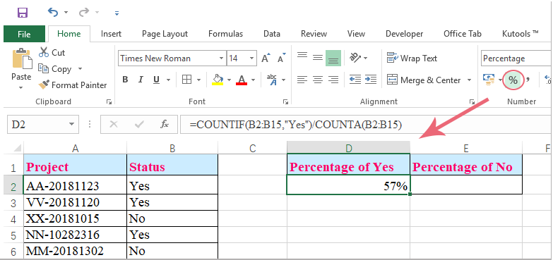 How to calculate the percentage of yes and no from a list in Excel?