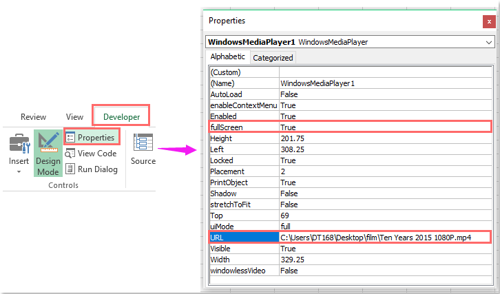 How to play video file from Excel worksheet?