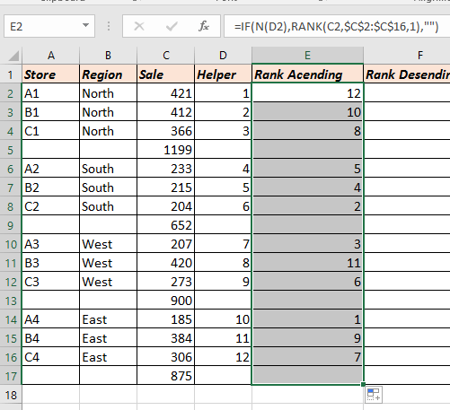 How to rank values excluding subtotal in Excel?