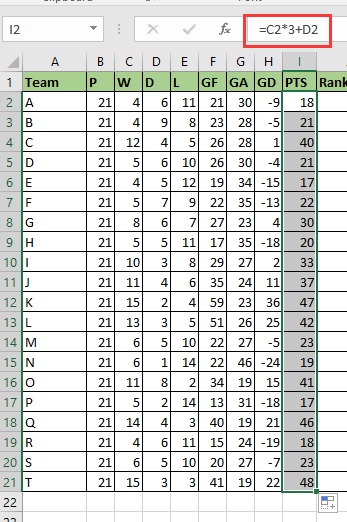 How to quickly rank a league table in Excel?