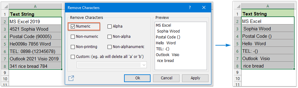 Excel remove characters, words, numbers from text strings