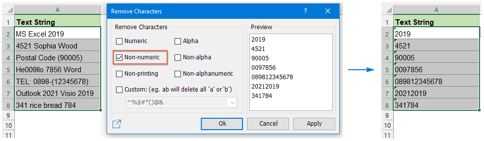 Excel elimina caracteres, palabras, números de cadenas de texto