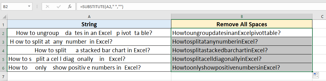 How to remove internal spaces in Excel string?