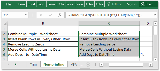 How to remove leading and trailing spaces in Excel cells?