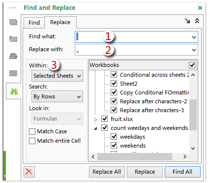How to replace blank space with nothing/underscore/dash/comma in Excel?