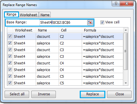 How to replace range names with cell references in Excel?
