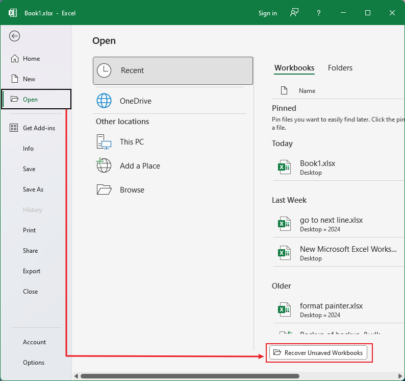 How to restore unsaved file in Excel?