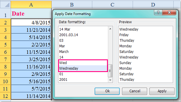 How to return day of the week from date in Excel?