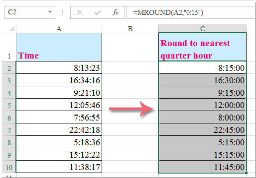 How to round / round up / round down time to nearest quarter / half hour in Excel?