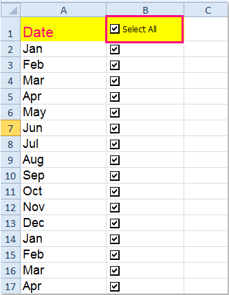 How to select all checkboxes using a single checkbox in Excel?
