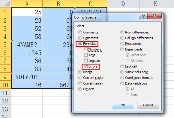 How to select cells with error values in Excel?