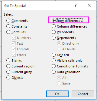 How to select and highlight row differences in Excel?