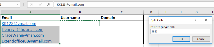 How to separate email addresses to username and domain in Excel?