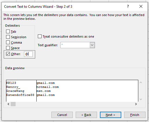 How to separate email addresses to username and domain in Excel?