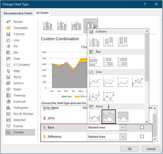 How to shade the area between two lines in a line chart in Excel?