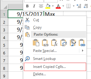How to shift down cells and paste copied values in Excel?